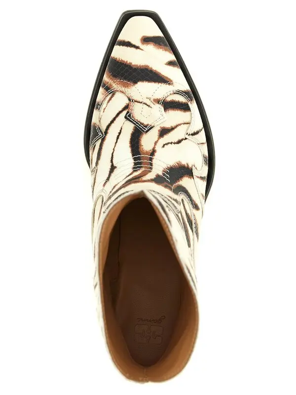 GANNI Western Ankle Boots With Snake And Zebra Print - Cream