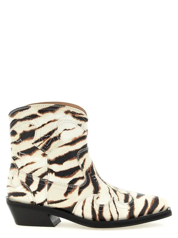 GANNI Western Ankle Boots With Snake And Zebra Print - Cream