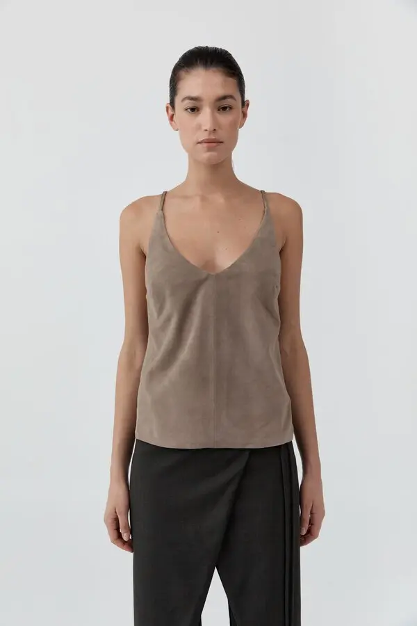 ST. AGNI Pre-order: Suede Low Back Tie Top - Earth