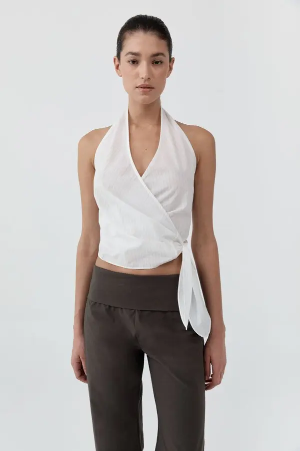 ST. AGNI Pinstripe Halter Wrap Top