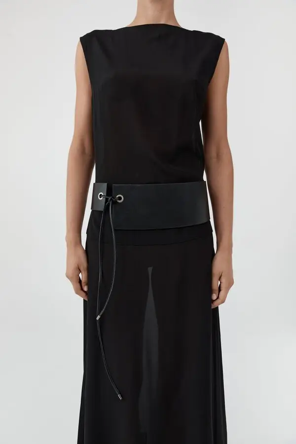 ST. AGNI Asymmetric Leather Belt With Silver Eyelets And Tie Detail