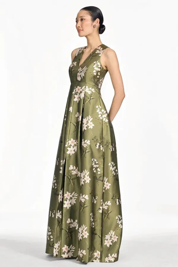 Sachin & Babi Brooklynne Gown In Printed Mikado - Moss Formosa