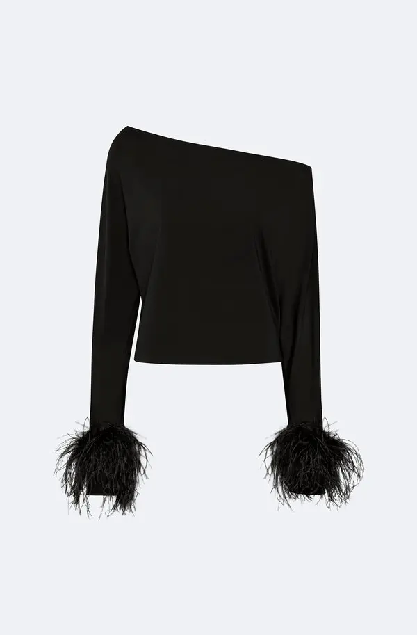 Lapointe Lightweight Jersey Off The Shoulder Top With Feathers