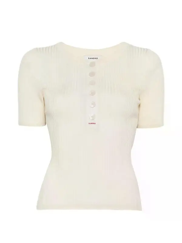 Sandro Ribbed-knit Button-placket Top - Neutrals