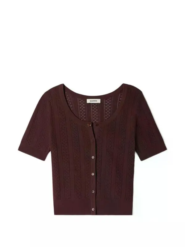 Sandro Pointelle Knit Bow Detail Cardigan - Espresso