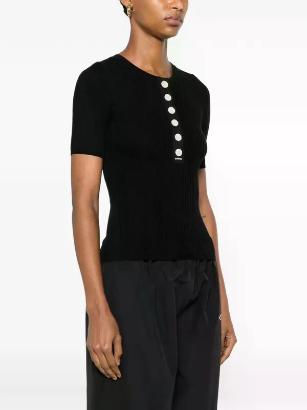 Sandro Ribbed Knit V-neck Button-placket Top