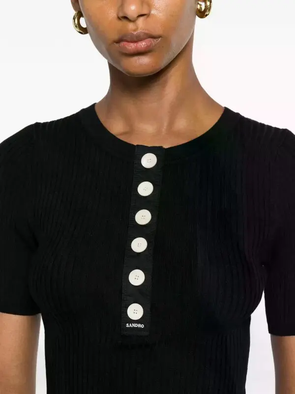 Sandro Ribbed Knit V-neck Button-placket Top