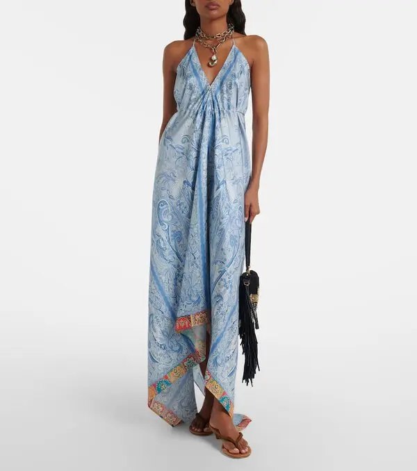 Etro Paisley Asymmetrical Silk Maxi Dress - Blue