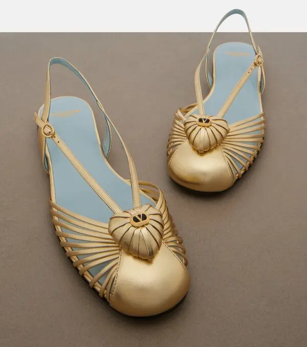 Valentino Garavani Cour Royal Metallic Leather Slingback Flats - Gold