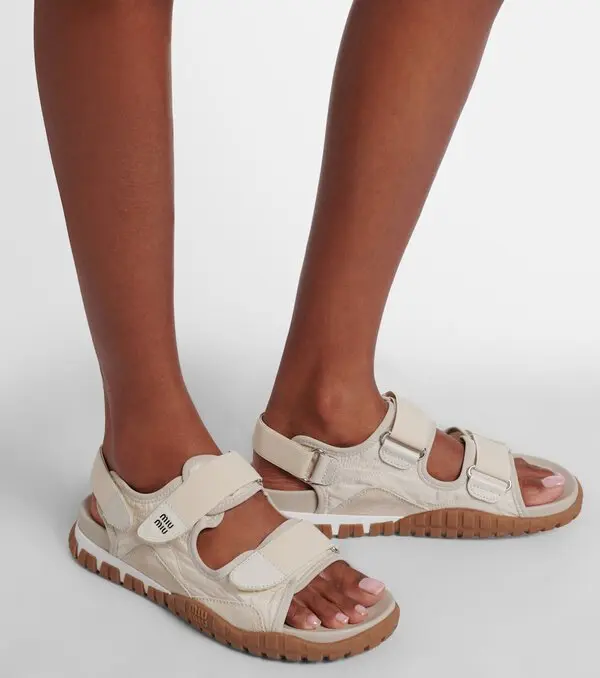 Miu Miu Leather-trimmed Velcro Sandals - Beige