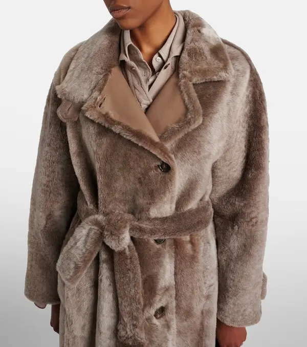 Brunello Cucinelli Shearling Wrap Coat - Grey