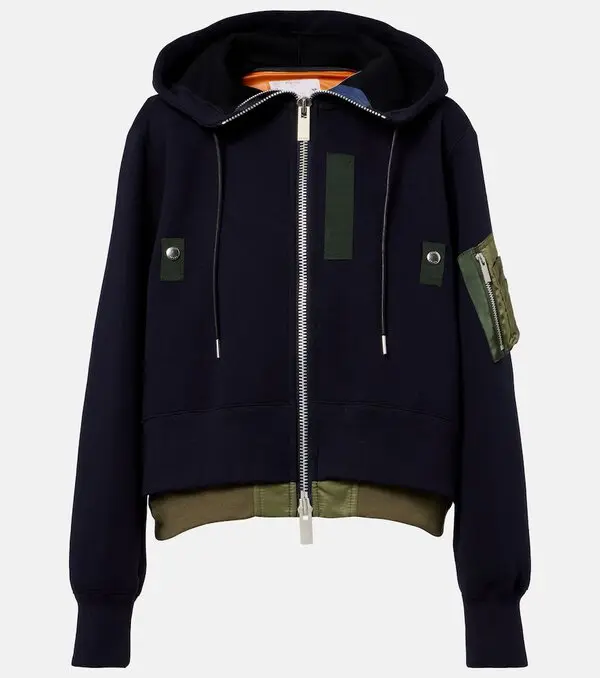 Sacai Paneled Cotton-blend Zip-up Hoodie - Blue