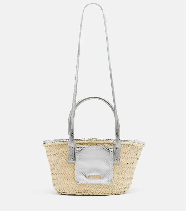 Jacquemus Small Raffia Basket Bag With Croc Effect Trim - Silver