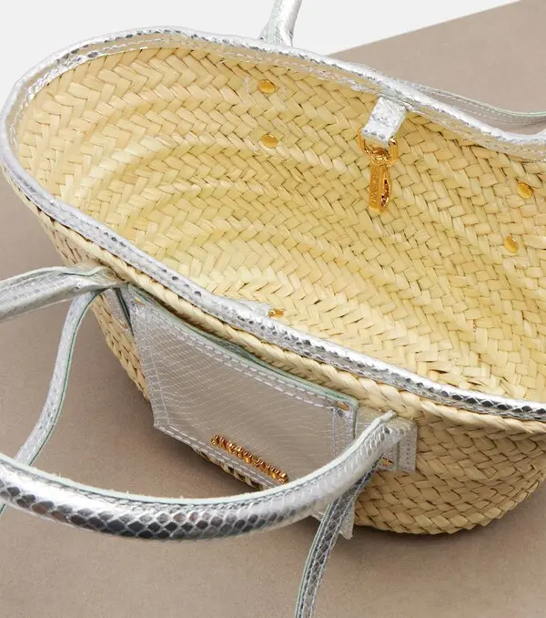 Jacquemus Small Raffia Basket Bag With Croc Effect Trim - Silver