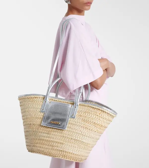 Jacquemus Small Raffia Basket Bag With Croc Effect Trim - Silver