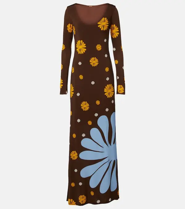 CALA DE LA CRUZ Rocco Floral Jersey Maxi Dress - Brown