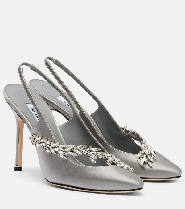 Balenciaga X Manolo Blahnik Crystal Embellished Satin Slingback Pumps - Grey