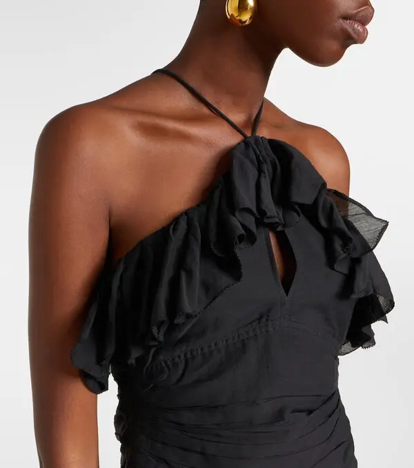 MARANT ETOILE Djimia Halterneck Cotton-blend Voile Top With Ruffled Trim - Black