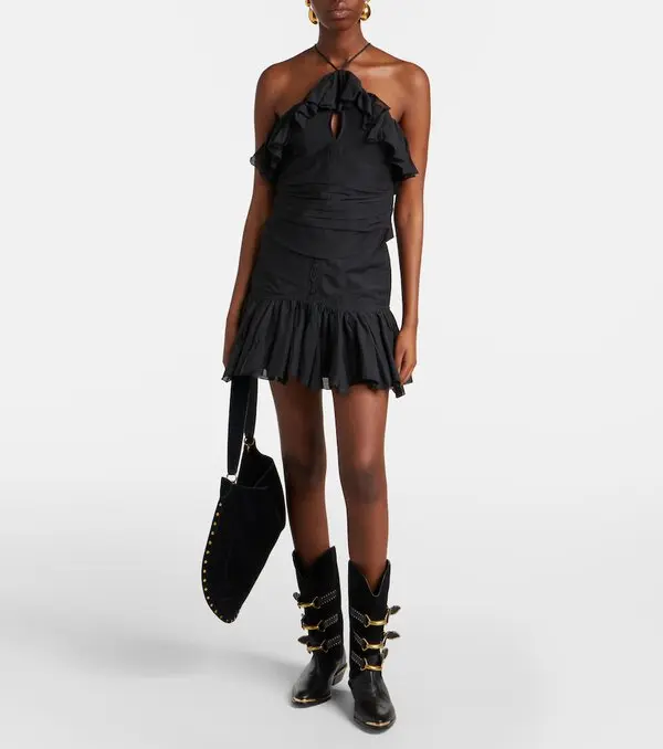 MARANT ETOILE Djimia Halterneck Cotton-blend Voile Top With Ruffled Trim - Black