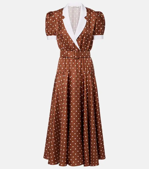 RODARTE Belted Polka-dot Silk Midi Dress - Brown
