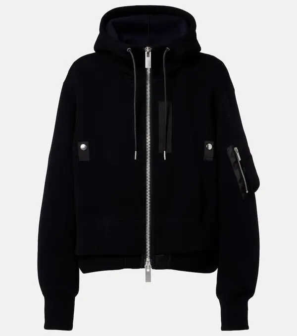 Sacai Paneled Cotton-blend Zip-up Hoodie - Black