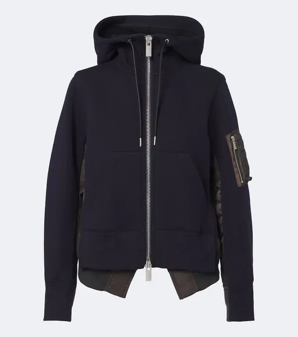 Sacai Paneled Cotton-blend Zip-up Hoodie - Blue