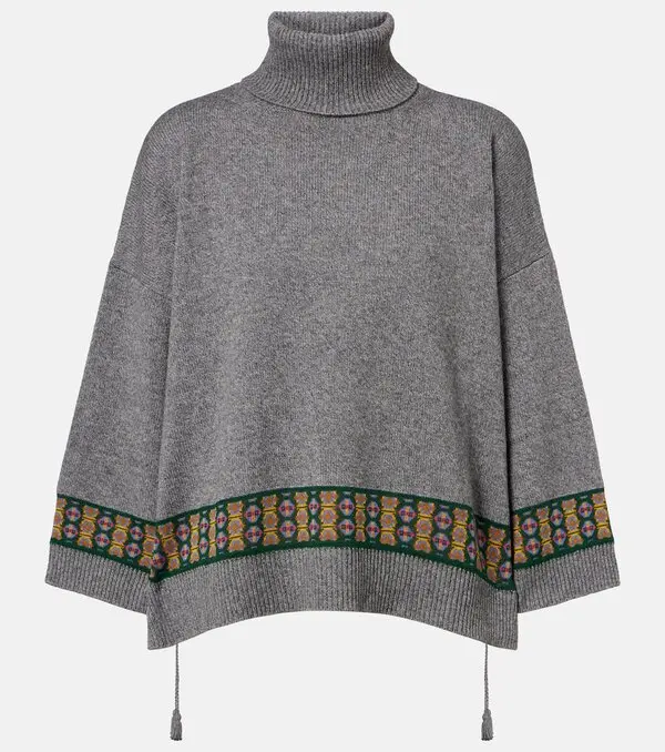 Etro Wool, Cashmere, And Cotton-blend Turtleneck Sweater With Geometric Trim - Grey