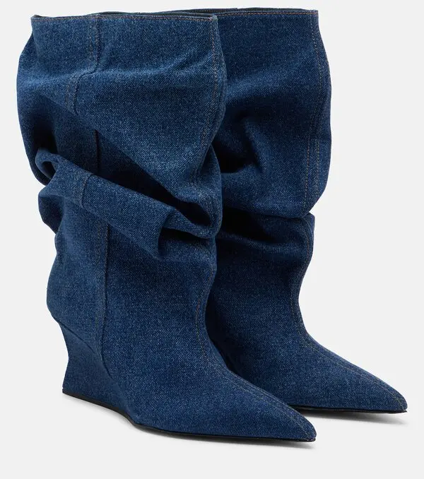 Balmain Denim Pointed Toe Wedge Boots - Blue