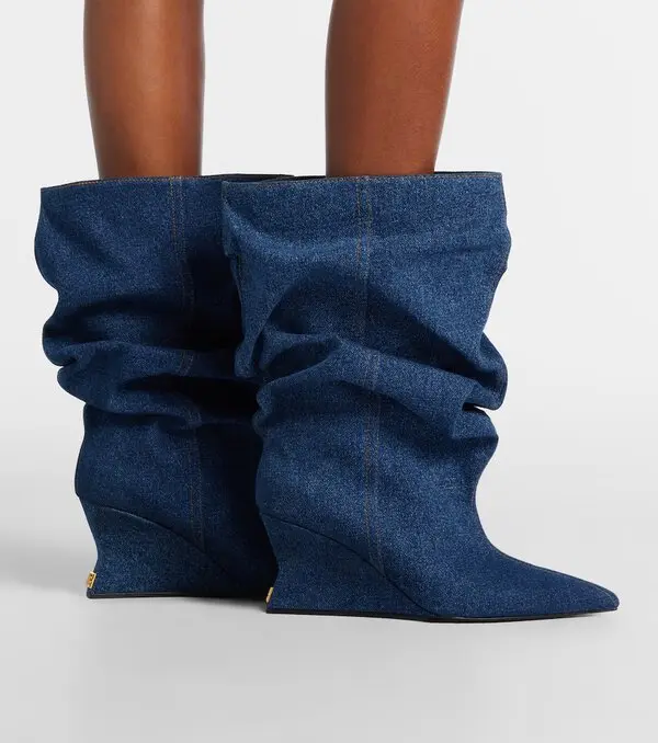 Balmain Denim Pointed Toe Wedge Boots