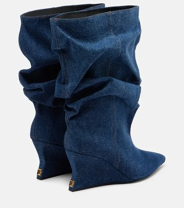 Balmain Denim Pointed Toe Wedge Boots
