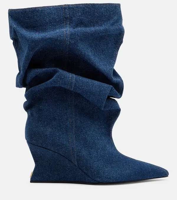 Balmain Denim Pointed Toe Wedge Boots
