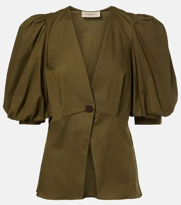 ADRIANA DEGREAS Puff-sleeve Cotton-blend Top - Green