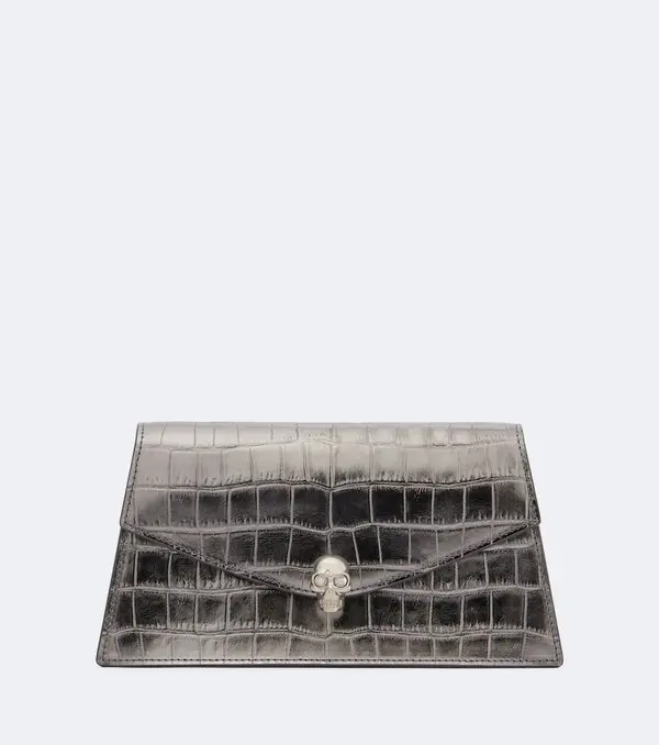 Alexander McQueen Skull Croc-effect Leather Clutch - Silver