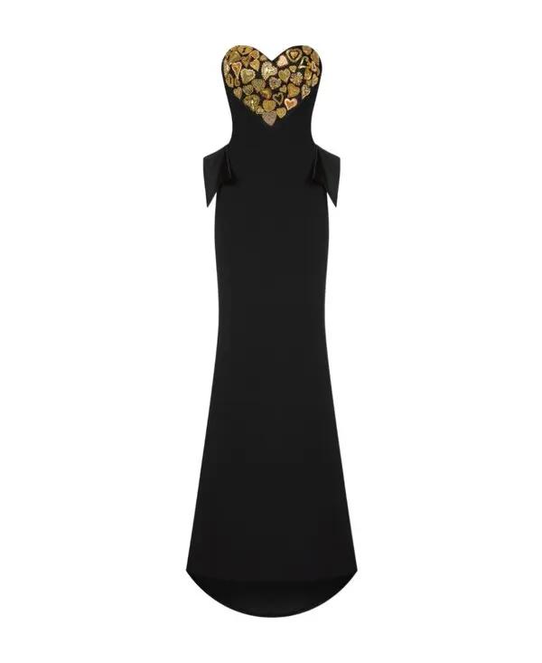 Moschino Embroidered Strapless Sweetheart Neckline Maxi Dress - Black