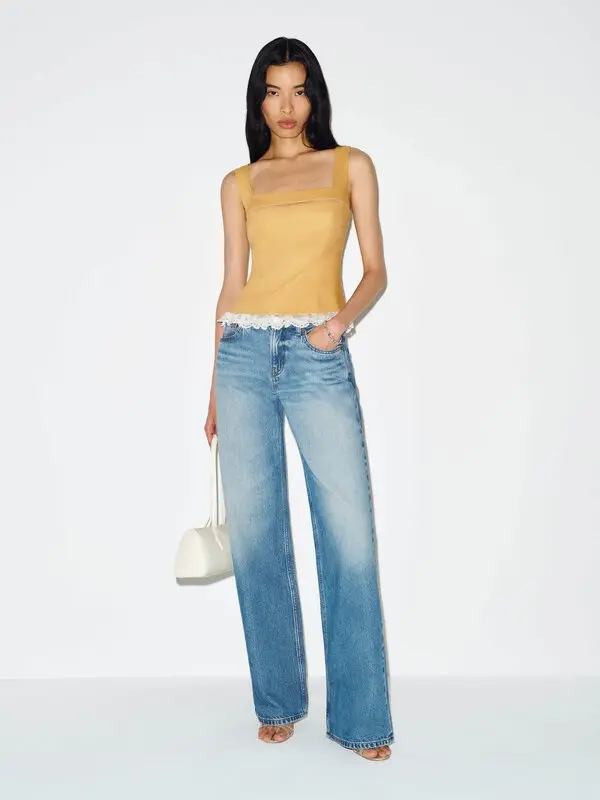 REFORMATION Nanette Linen Top With Square Neckline And Lace Details - Yellow