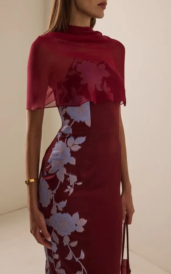Lela Rose Silk Chiffon Capelet - Burgundy