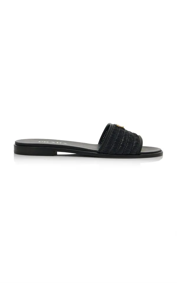 Prada Crocheted Raffia Flat Sandals - Black