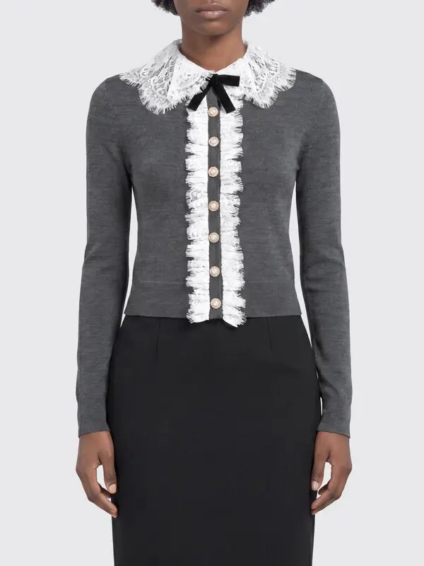 SELF-PORTRAIT Slim Fit Wool Cardigan With Lace And Ruffle Collar - Grey