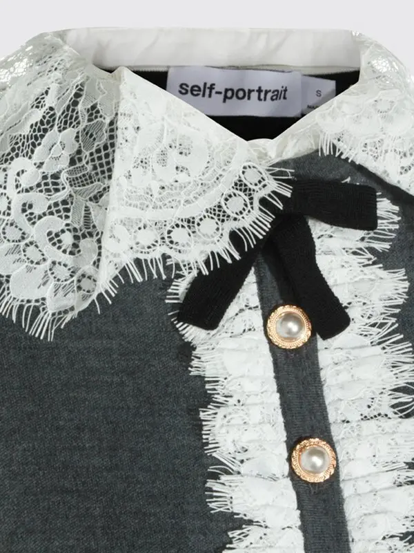 SELF-PORTRAIT Slim Fit Wool Cardigan With Lace And Ruffle Collar - Grey