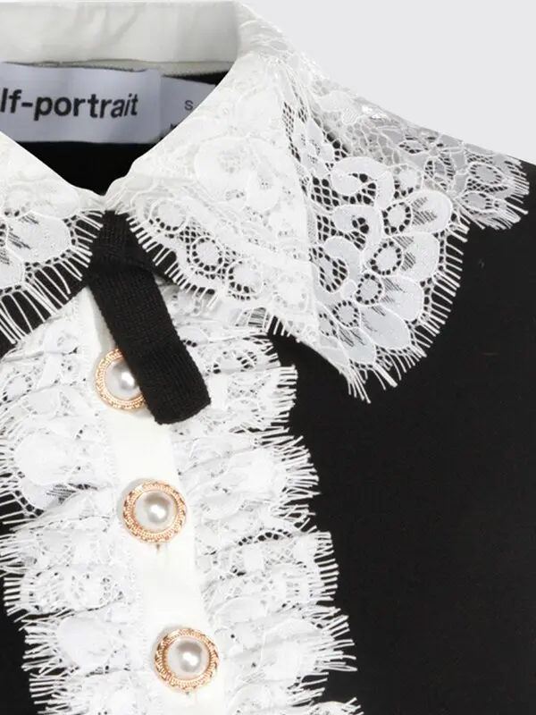 SELF-PORTRAIT Short-sleeved Wool Top With Lace Inserts - Black