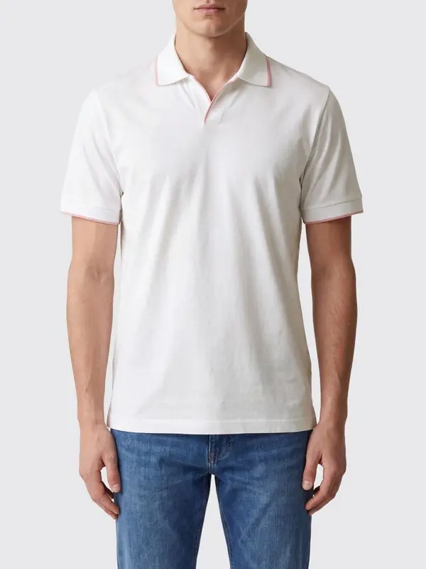MOORER Short-sleeved V-neck Cotton Polo Shirt With Contrast Trims