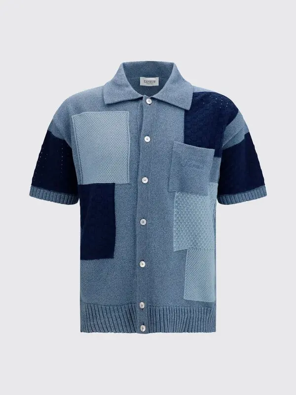 LANEUS Patchwork Print Cotton Bowling Shirt With An Elasticated Hem