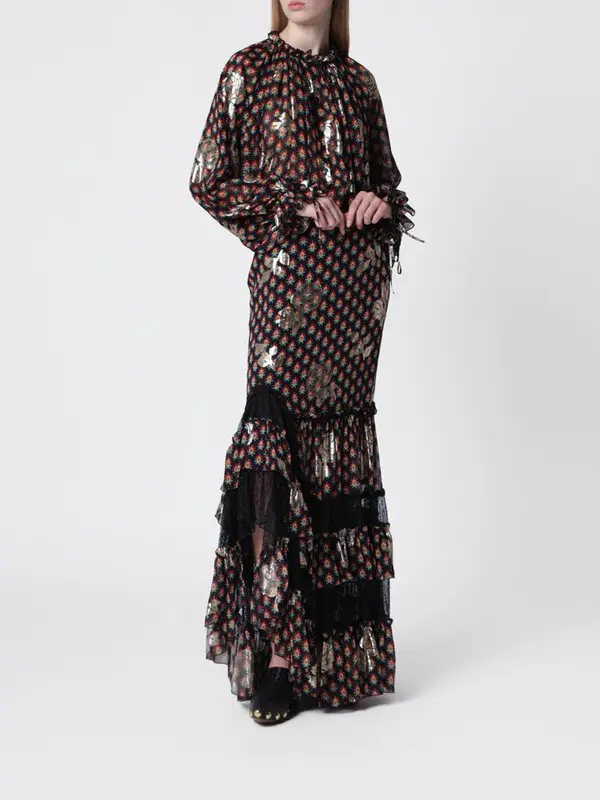 Etro Floral Jacquard Asymmetric Long Silk Skirt With Lace Inserts - Multicolor