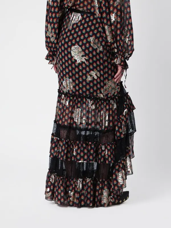 Etro Floral Jacquard Asymmetric Long Silk Skirt With Lace Inserts - Multicolor