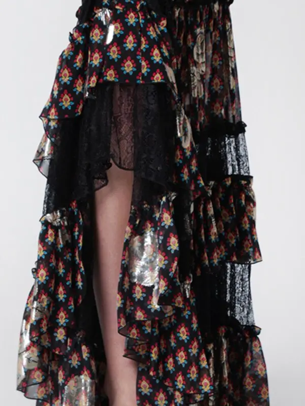 Etro Floral Jacquard Asymmetric Long Silk Skirt With Lace Inserts - Multicolor