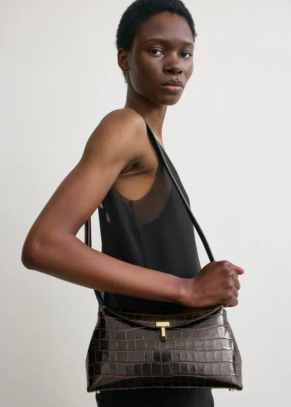 TOTEME T-lock Croc-embossed Clutch - Dark Brown