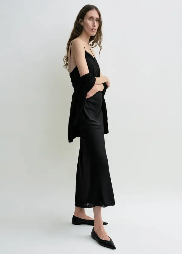 TOTEME Silk Satin Slip Dress With Tulle Trim - Black