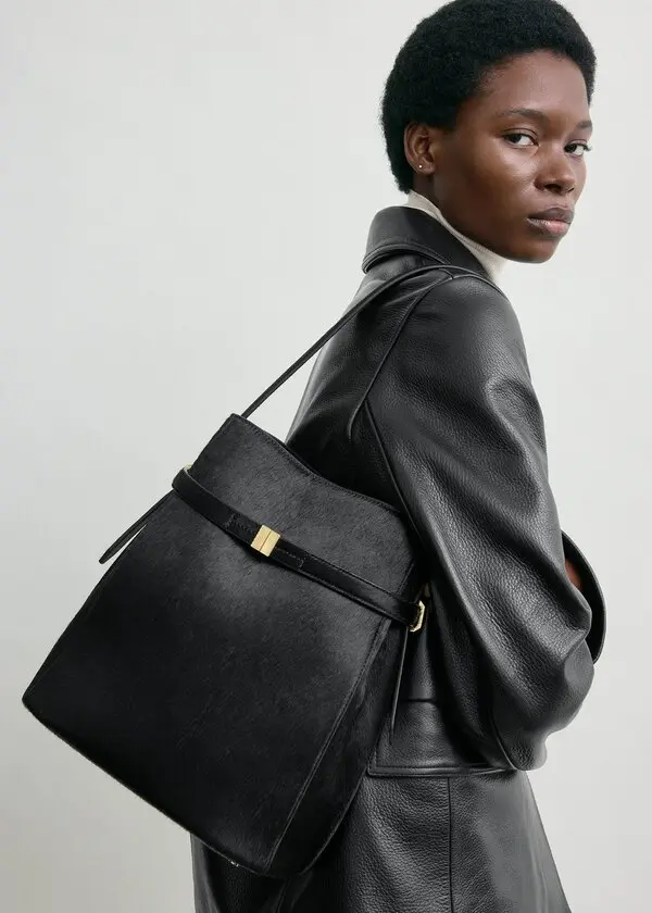 TOTEME Belted Pony Hair Effect Leather Bucket Bag - Black