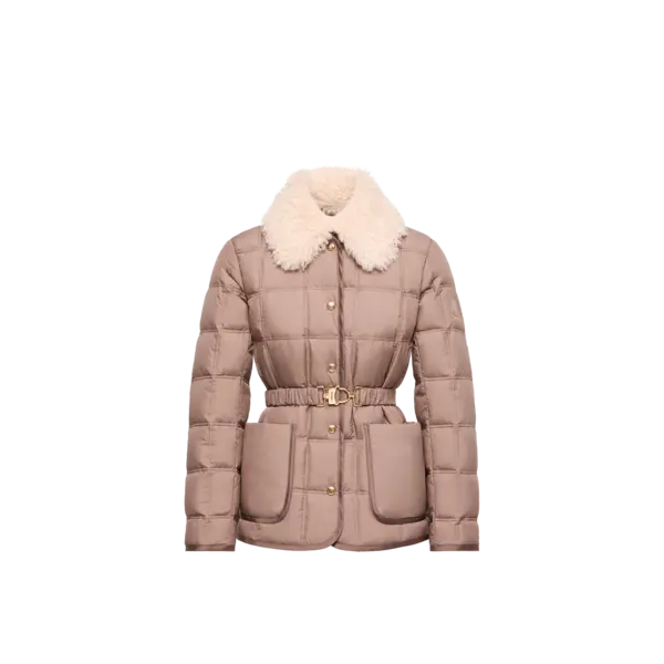 Moncler Cygnus Belted Short Down Jacket With Textured Collar - Brown
