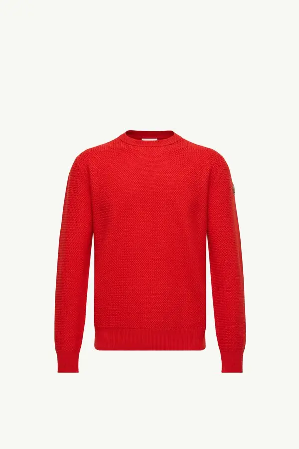 Moncler Textured Crew Neck Wool & Cashmere Blend Sweater - Red